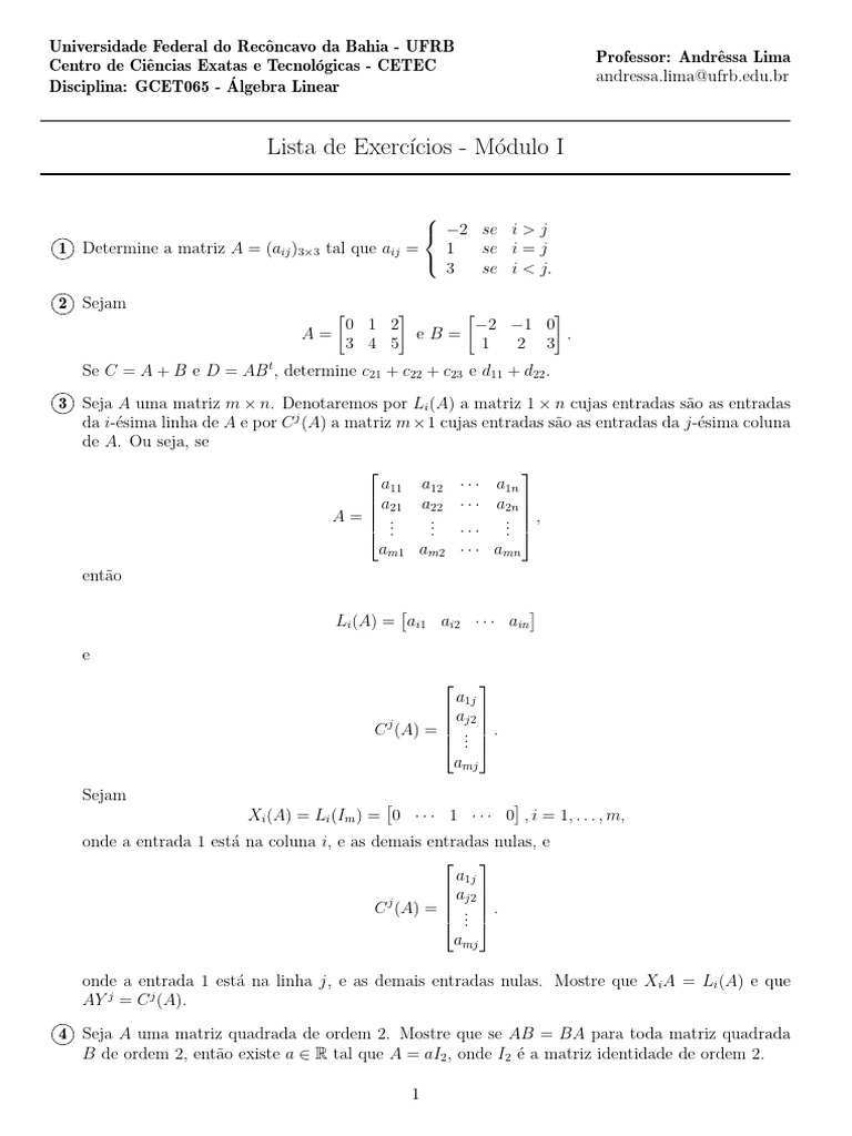Lista_de_Exercicios_Álgebra_Linear (1) | PDF | Espaço vetorial | Vetor ...