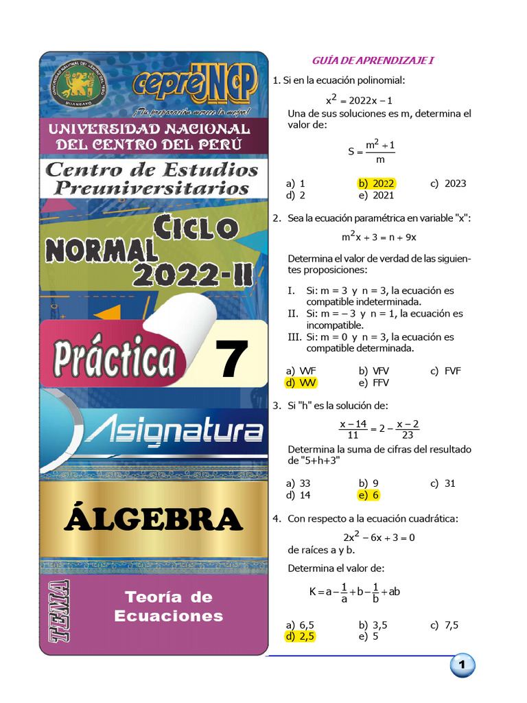 Álgebra 07 CN 2022-Ii | PDF | Ecuaciones | Conceptos matemáticos