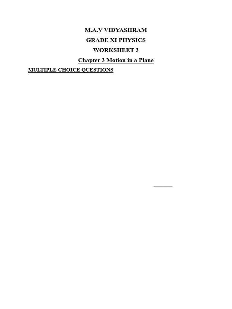 Grade XI Physics: Motion in a Plane Worksheet | PDF | Euclidean Vector ...