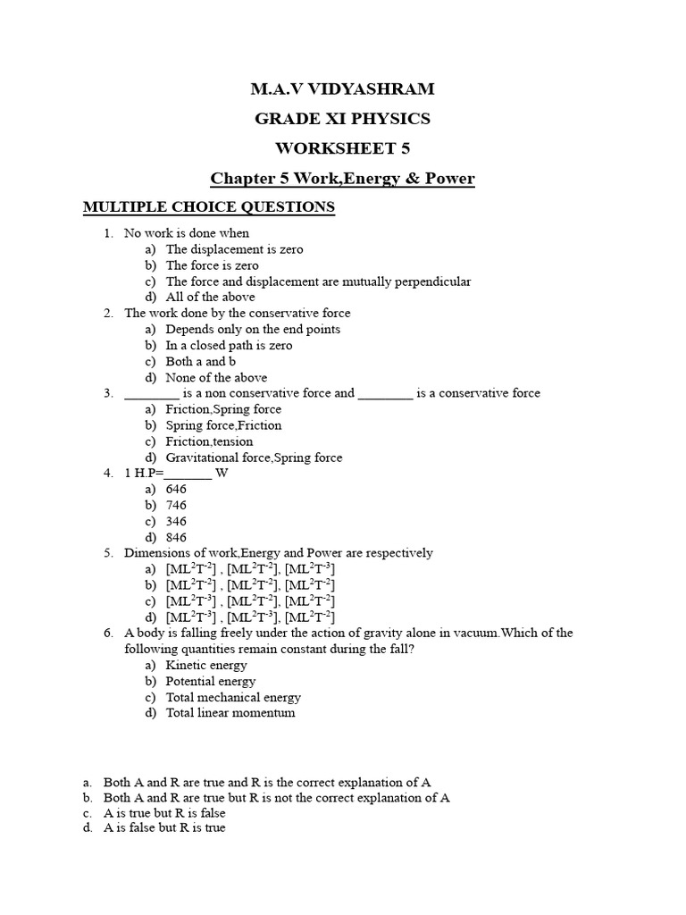 G11 Physics WS 5 Work,Energy & Power | PDF | Force | Collision
