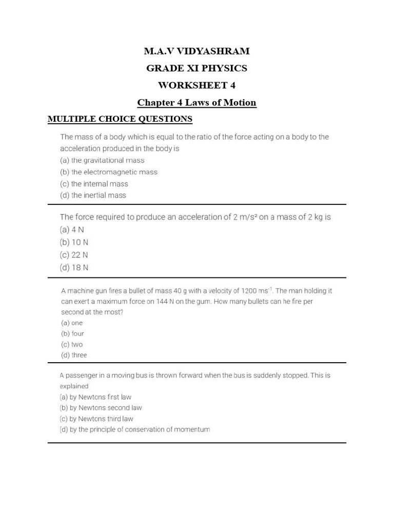 G11 Physics WS 4 Laws of Motion | PDF | Force | Newton's Laws Of Motion