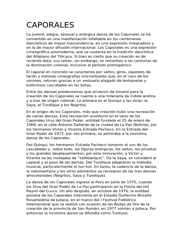 Caporales Informe (Origen, Vestuarios, Etc) | PDF | Bailes | Bolivia