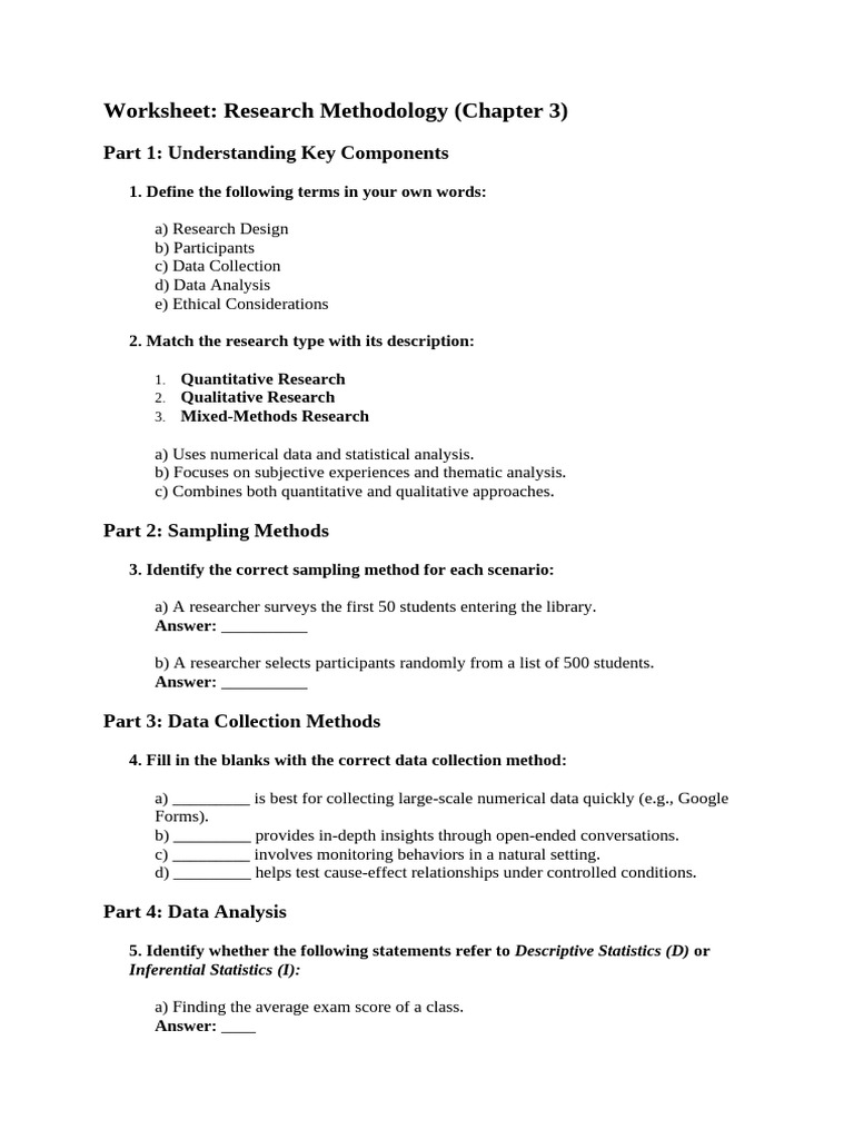 Research Methods Worksheet Answers | PDF | Methodology | Survey Methodology