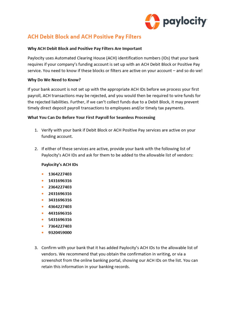 ACH Debit Block and ACH Positive Pay Filters | PDF