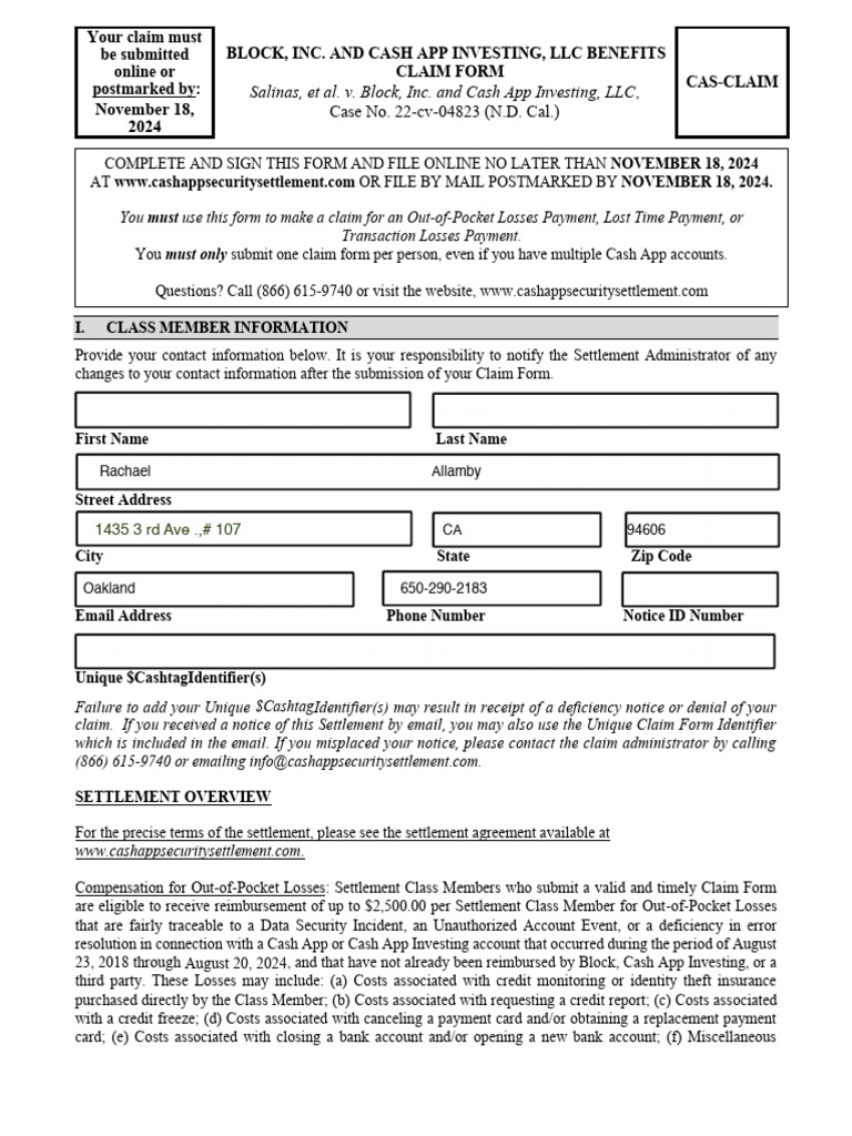 Cash App Settlement Claim Form Guide | PDF | Credit Card | Overdraft