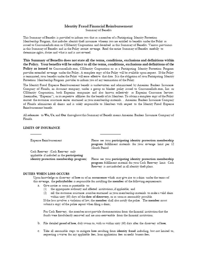 Identity Fraud Expense Reimbursement Guide | PDF | Insurance ...