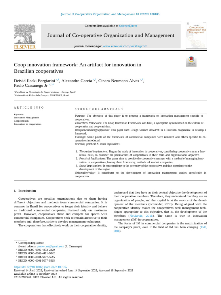 Forgiarini Et Al (2022) Coop Innovation Framework - An Artifact for Innovation in Brazillian ...