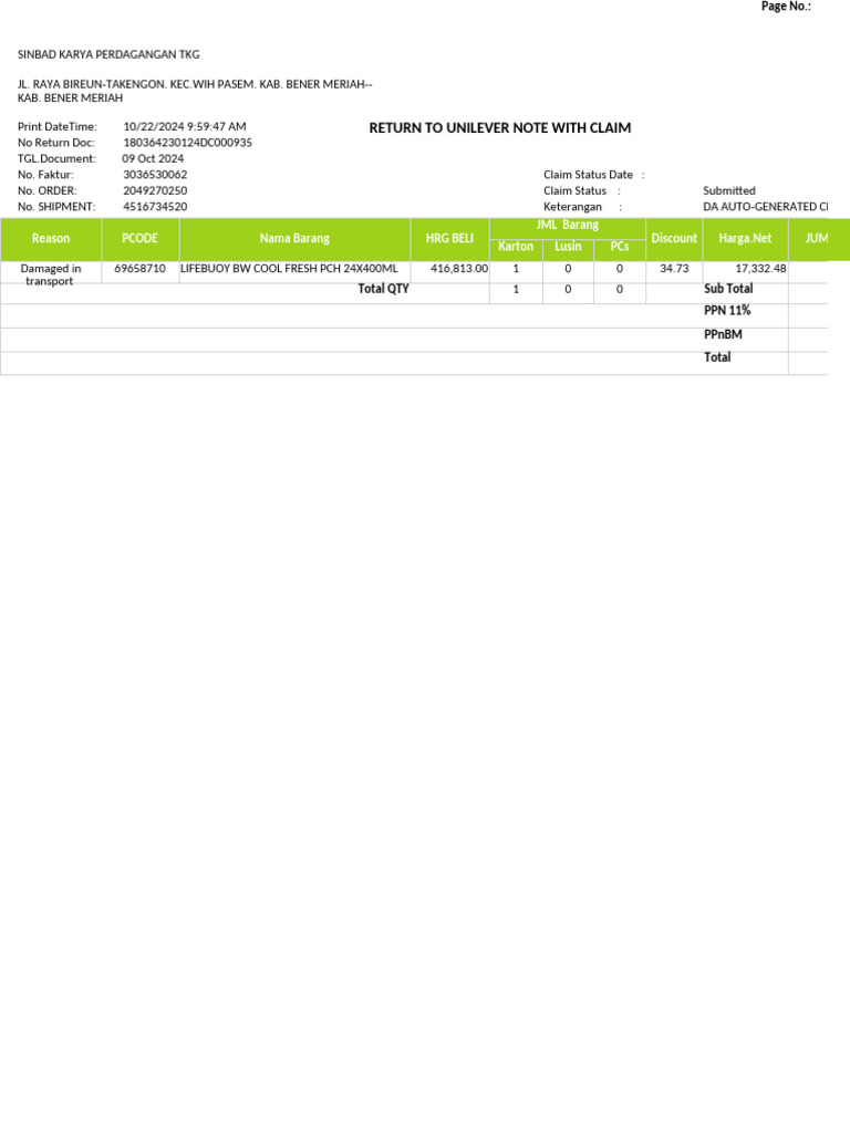 UID Return To Unilever Note With Claim Report - LC-1167300 | PDF