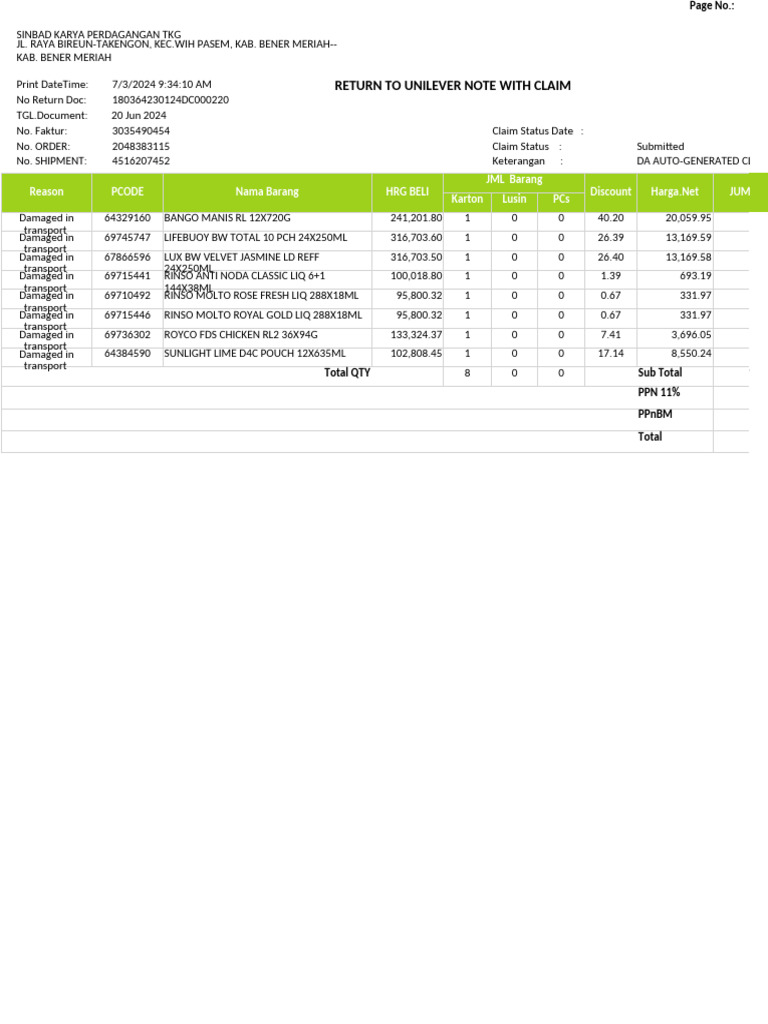 UID Return To Unilever Note With Claim Report 220 - LC-1000767 | PDF