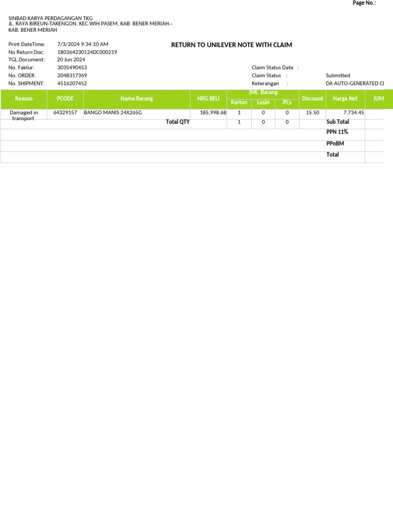 UID Return to Unilever Note With Claim Report 219_LC-1000772 | PDF