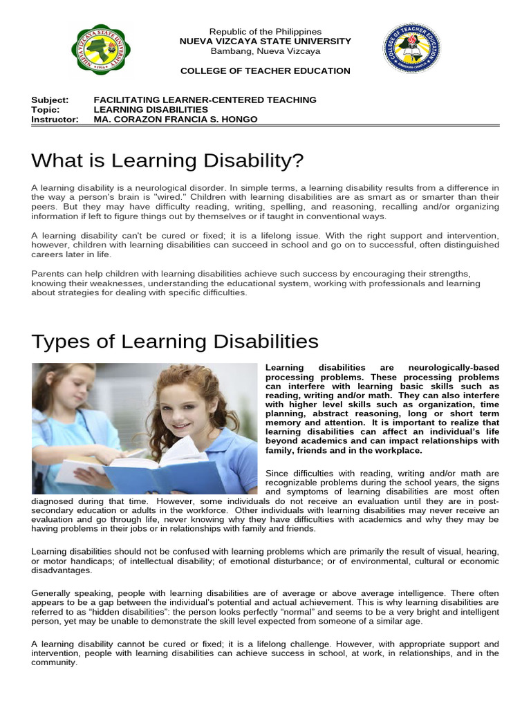 Types of Learning Disabilities | PDF | Learning Disability | Mental ...