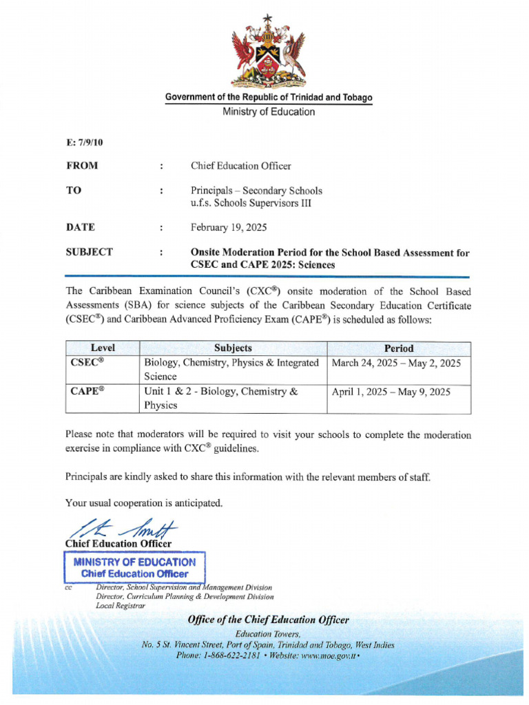 Memo - Onsite Moderation Periof For The SBA For CSEC and CAPE 2025 ...