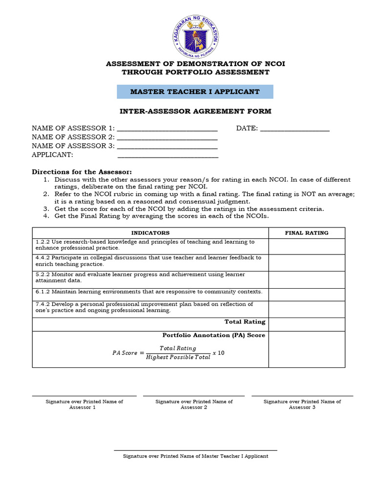 NCOI Portfolio Assessment - Inter-Assessor Agreement Form For Master ...