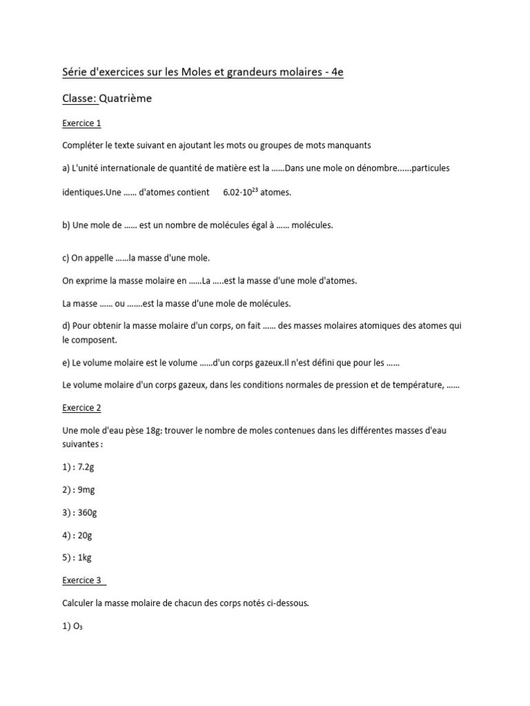 Exercices sur les Moles et Masse Molaire | PDF | Acide chlorhydrique ...
