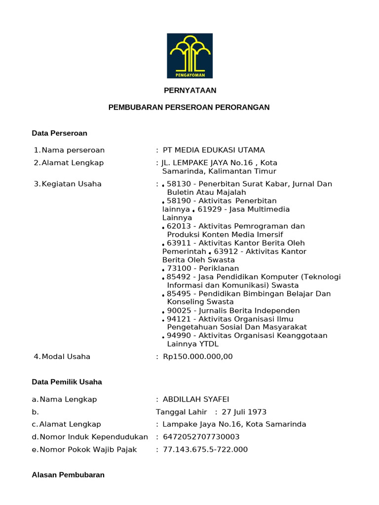 Surat Pernyataan Pembubaran PT Media Edukasi Utama | PDF