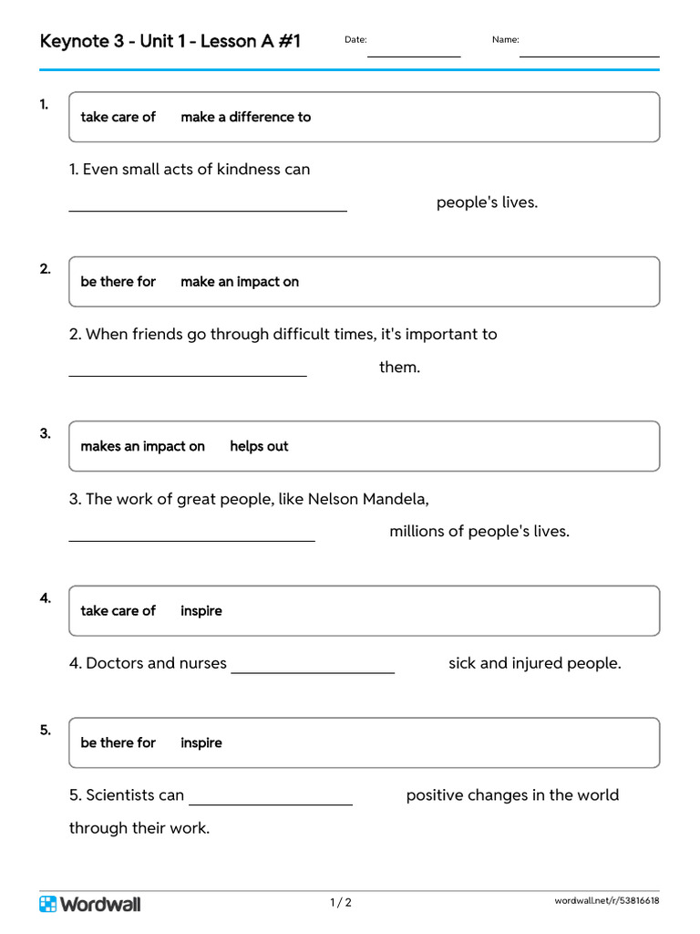 Keynote 3 Unit 1 Lesson A 1 Complete The Sentence | PDF