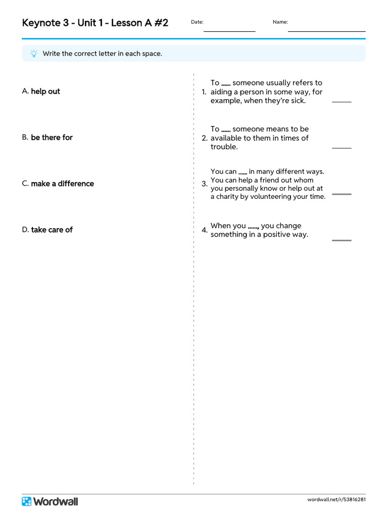 Keynote 3 Unit 1 Lesson A 2 Match Up Write The Answer | PDF