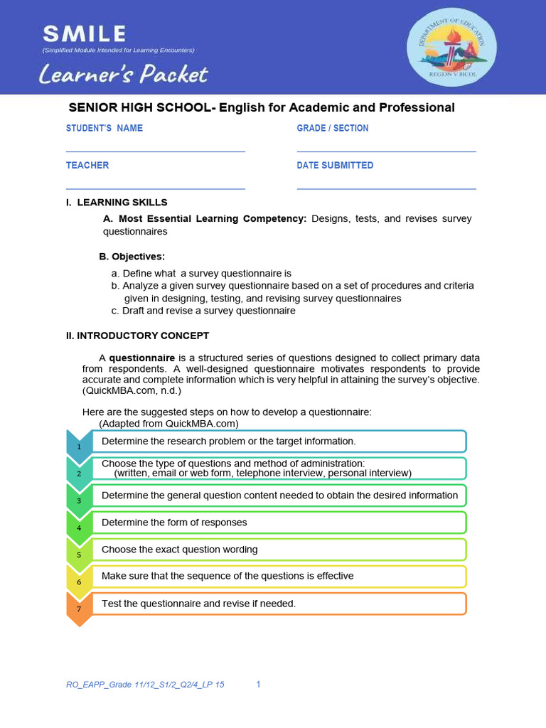EAPP - Grade 11 12 - S1 2 - Q 2 4 - LP 15 | PDF | Questionnaire ...