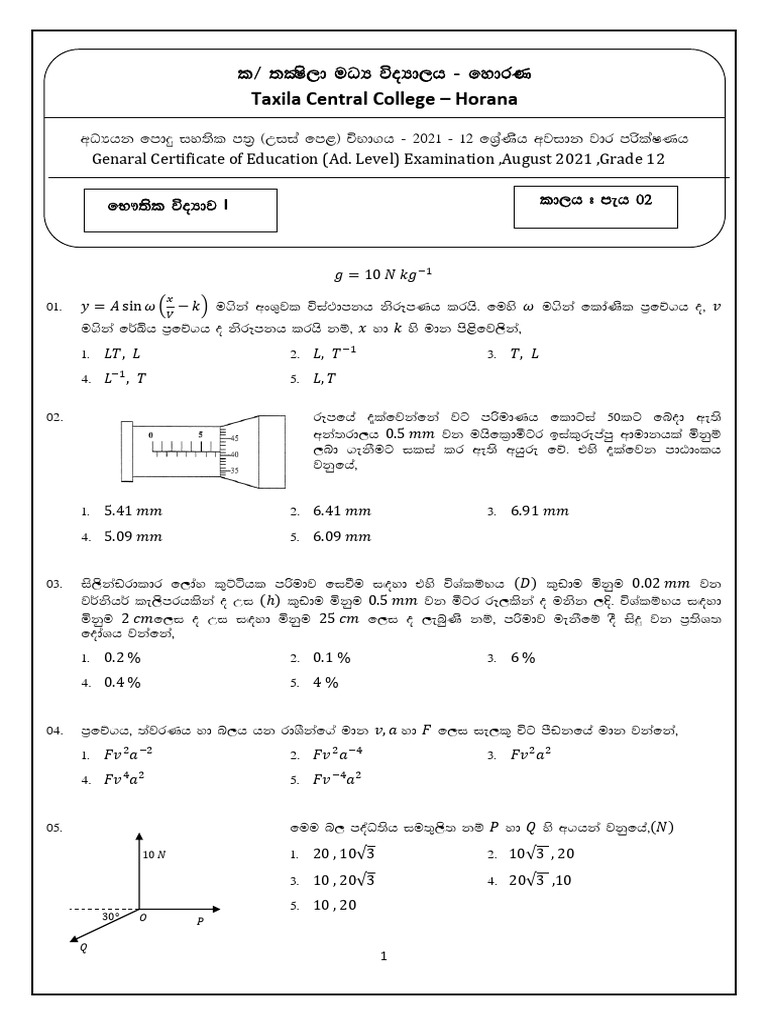 Taxila Central College Physics 3rd Term Test Paper 2021 Grade 12 | PDF