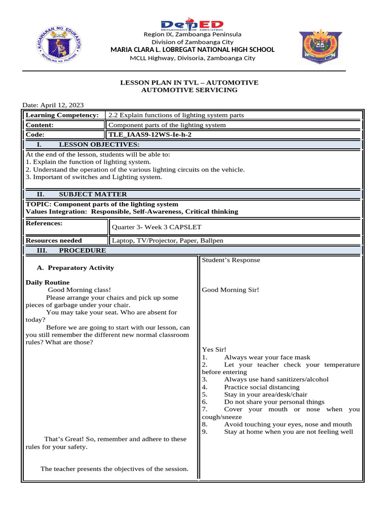 Automotive Lighting System Lesson Plan | PDF | Vehicles | Manufactured ...