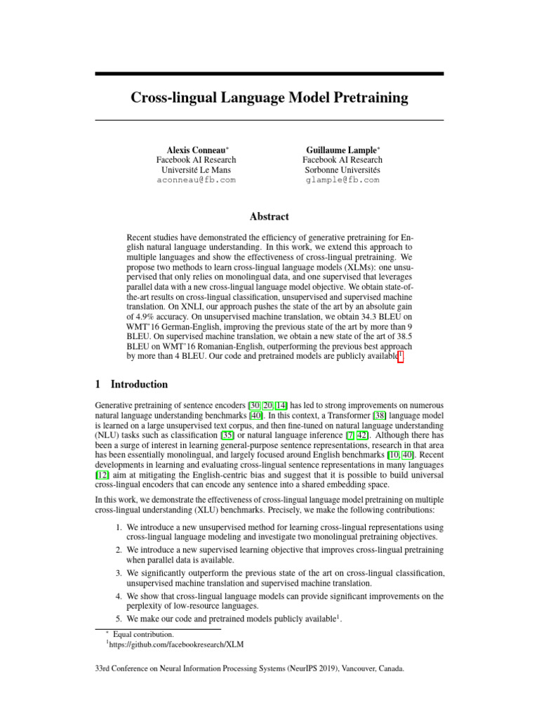 CONNEAU and Lample - 2019 - Cross-Lingual Language Model Pretraining | PDF | Learning ...