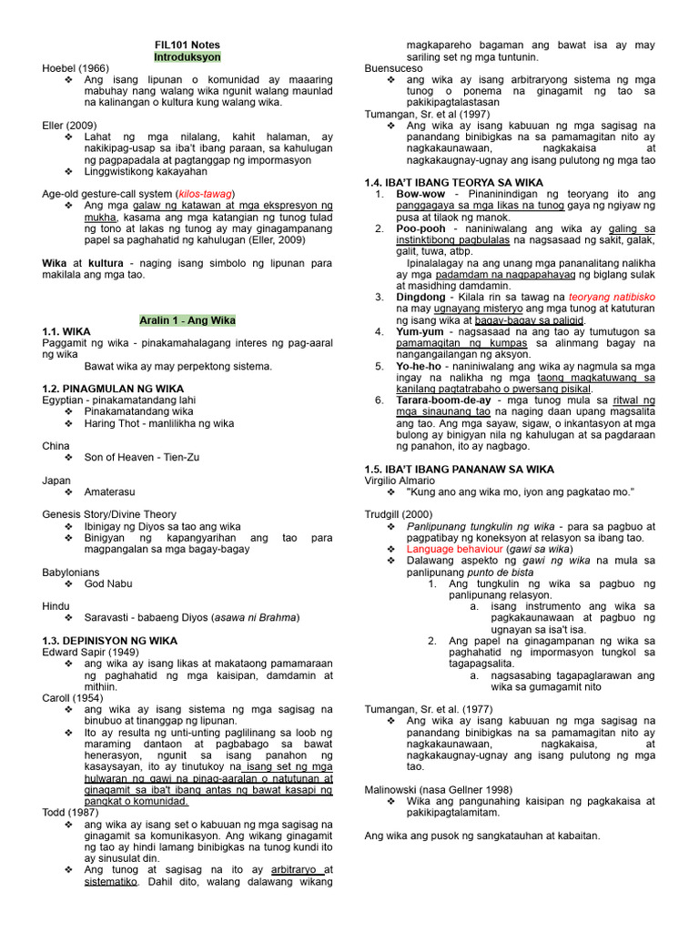 FIL101 Aralin 1 To 3 (Summarization - Notes) | PDF