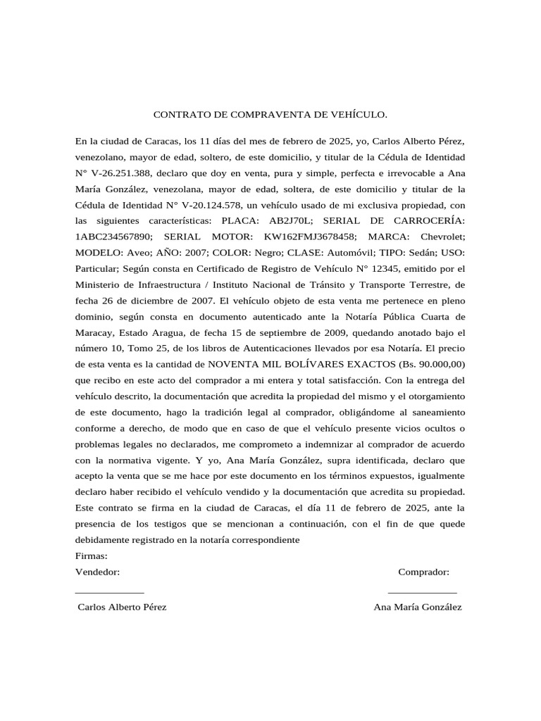 Modelo Venta de Vehiculo | PDF | Derecho Civil (Common Law) | Justicia