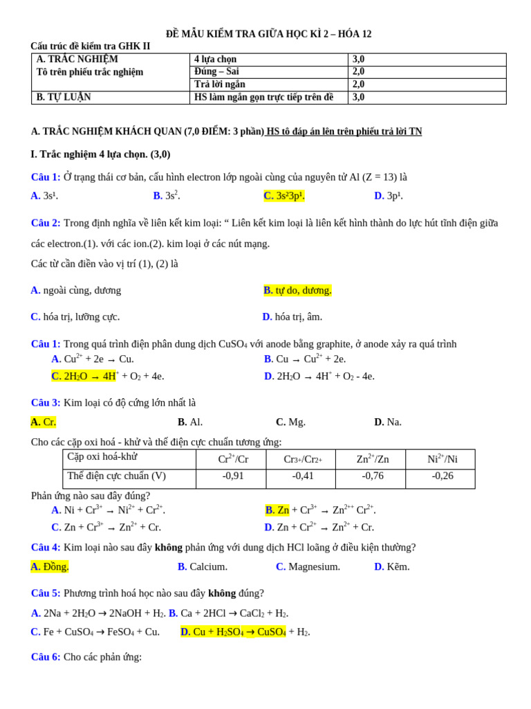 Đề Mẫu Gk2 Dap an Hoa 12 | PDF