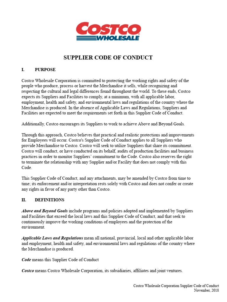 Costco Supplier Code of Conduct Overview | PDF | Employment | Personal ...