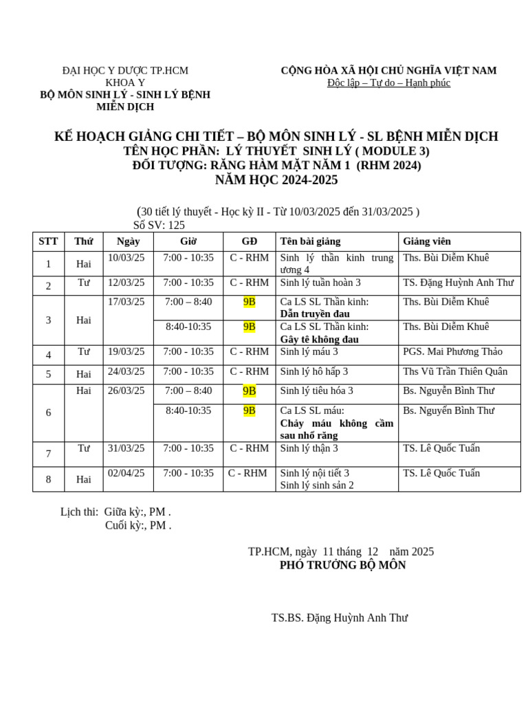 Kế Hoạch Giảng Chi Tiết - Bộ Môn Sinh Lý - Sl Bệnh Miễn Dịch NĂM HỌC ...