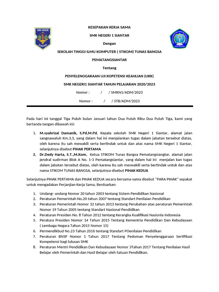 Kerja Sama UKK SMK Negeri 1 Siantar | PDF