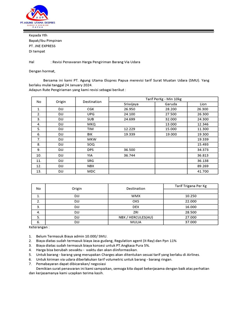 Pengajuan Harga Jne | PDF