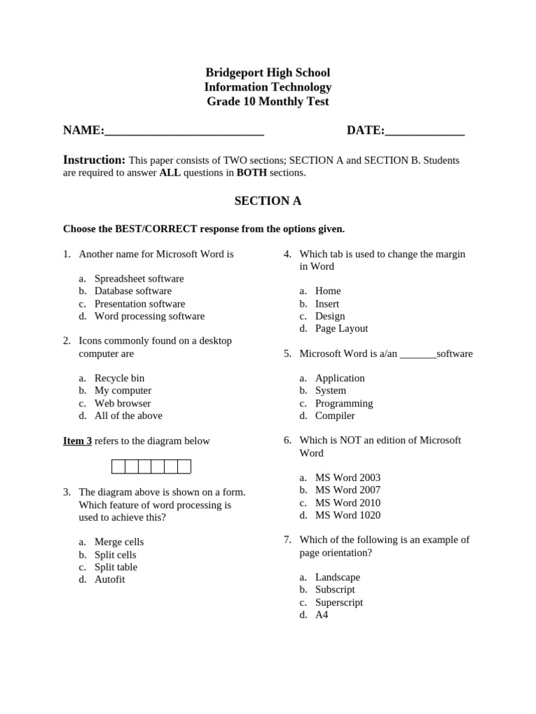 Grade 10 Test 2 Ms Word | PDF | Microsoft Word | Word Processor