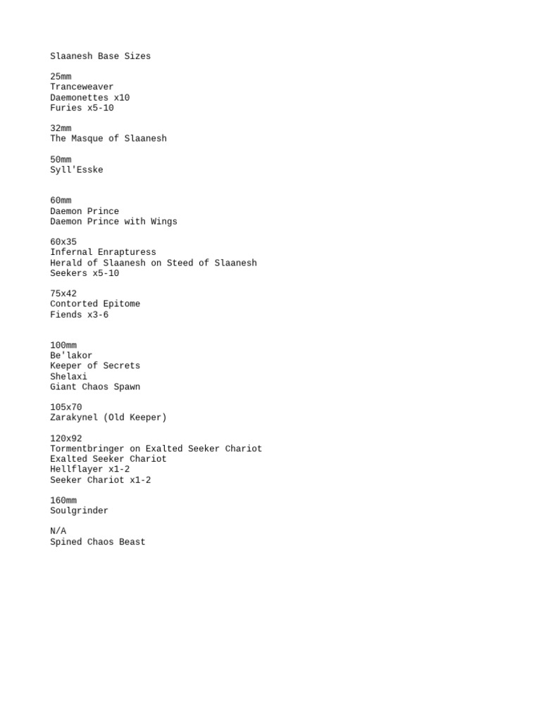 Slaanesh Base Sizes | PDF