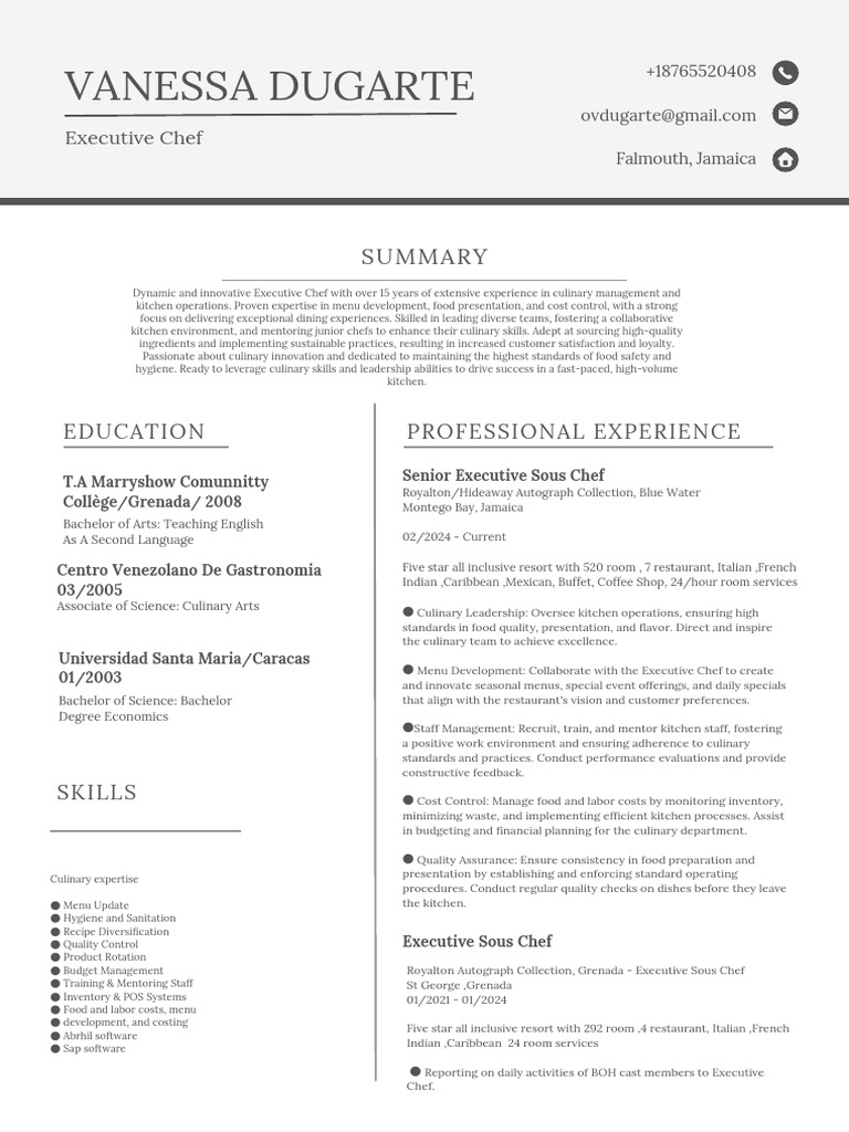 Chef Vanessa Dugarte Resume | PDF | Chef | Menu