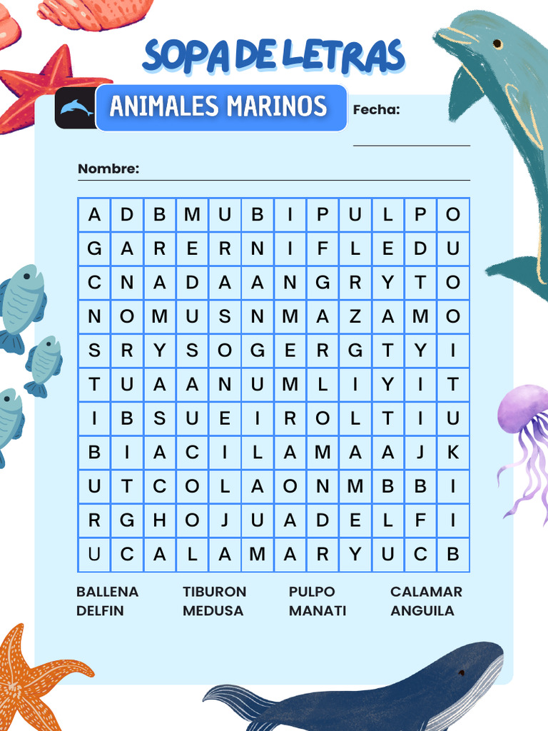 Sopa de letras de animales marinos | PDF