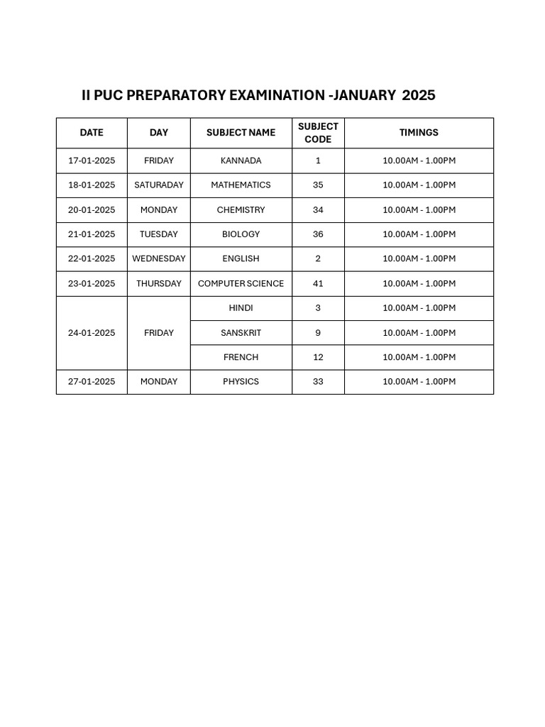 II Puc Prepratory Exam Time Table | PDF
