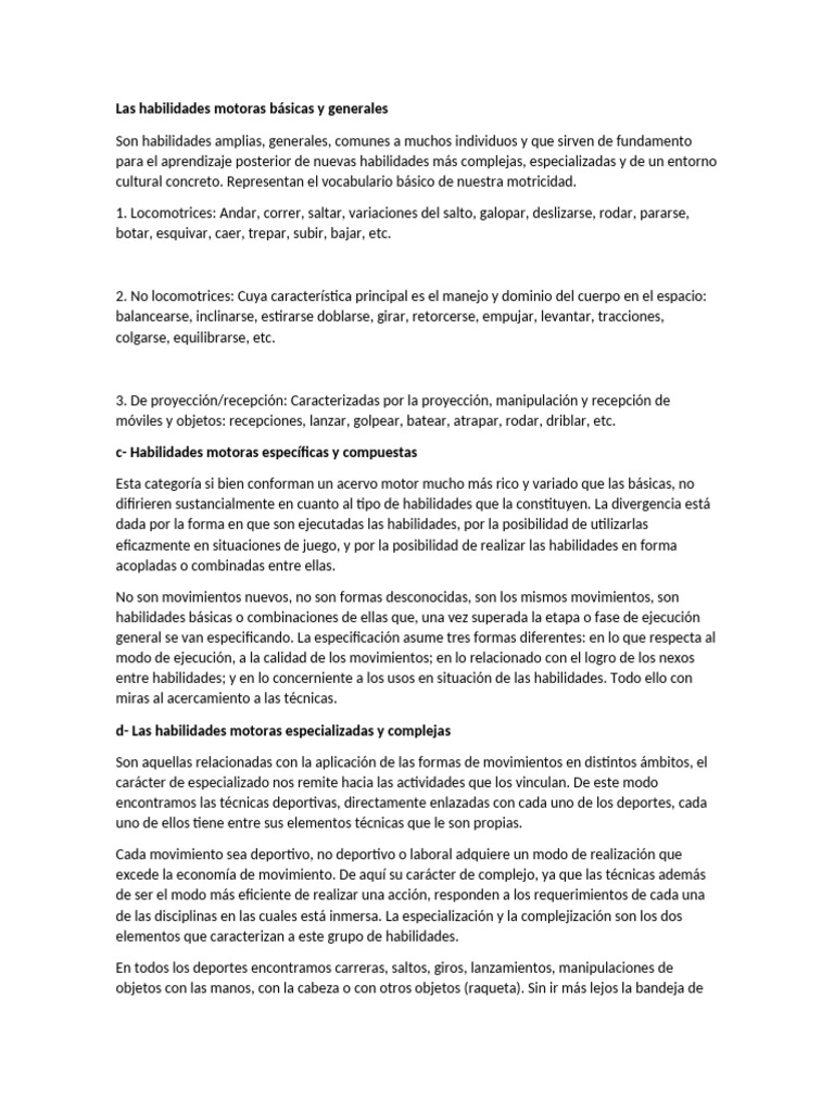 Habilidades Motoras: Básicas a Especializadas | PDF