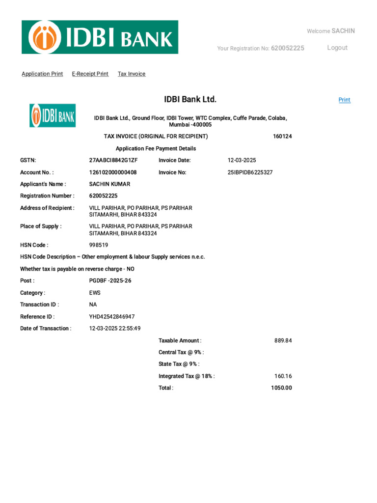 Admissions to IDBI PGDBF -2025-26 tax | PDF