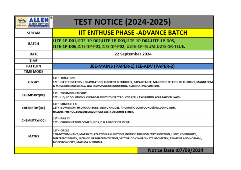JEE 2024-2025 Test Schedule and Topics | PDF