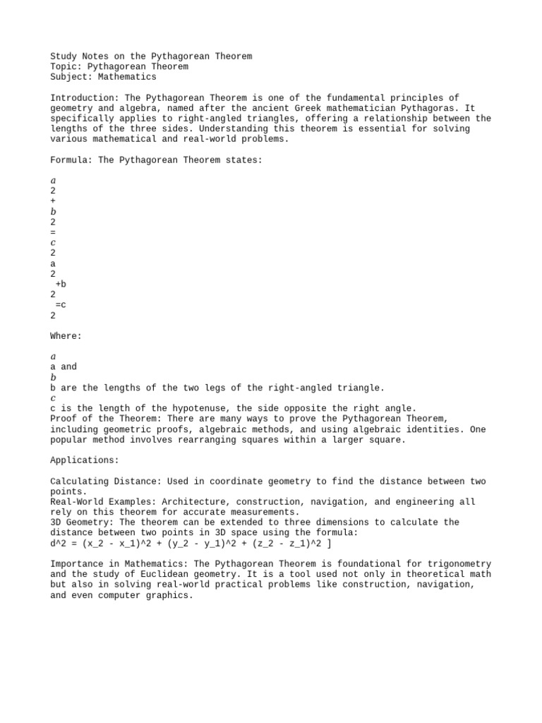 Pythagorean Theorem Study Notes | PDF