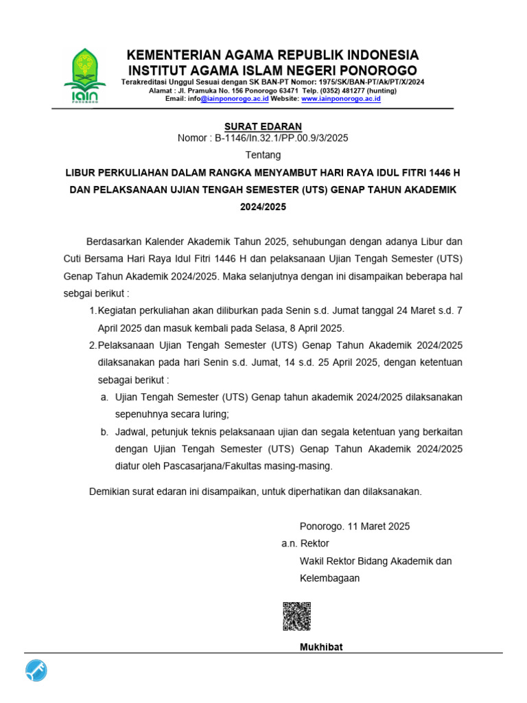 SE Libur Hari Raya Idul Fitri Dan UTS 2024.2 | PDF