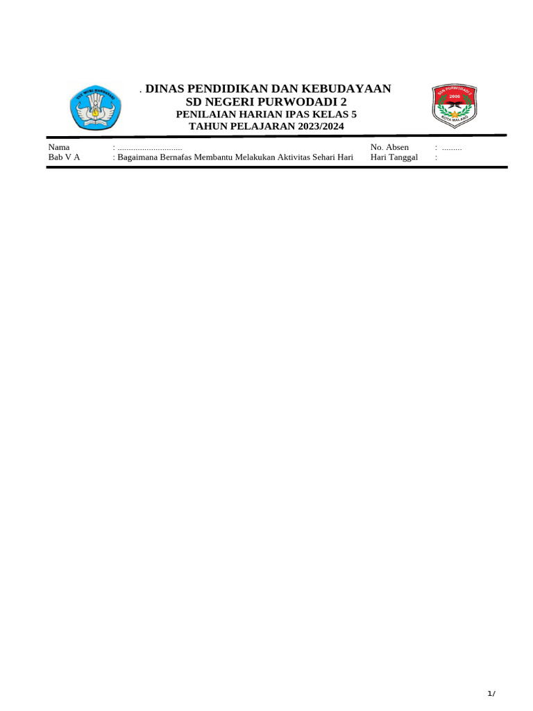 Soal IPAS Kelas 5 BAB 5A Bagaimana Bernapas Membantuku Melakukan Aktivitas Sehari-Hari | PDF