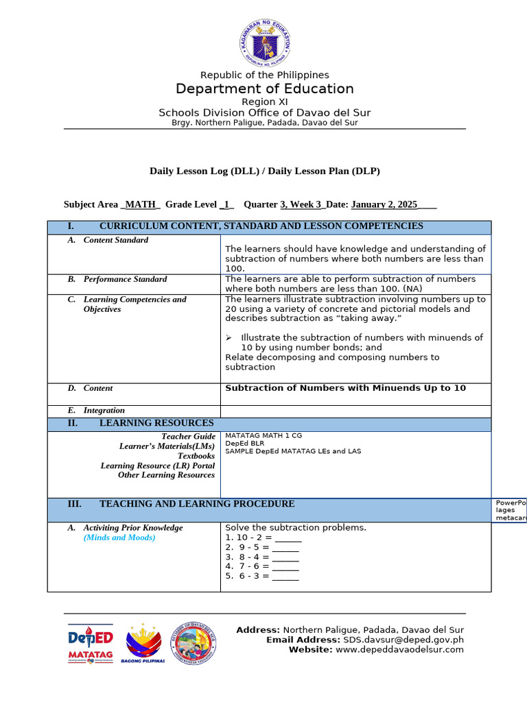 Q3-week-3-Math-DLL (1) | PDF | Subtraction | Cognitive Science