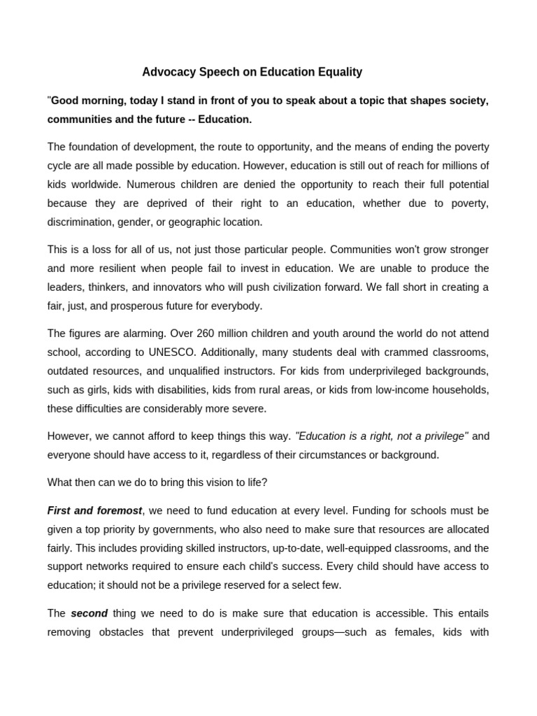 Advocacy Speech On Education Equality | PDF | Poverty | Poverty ...