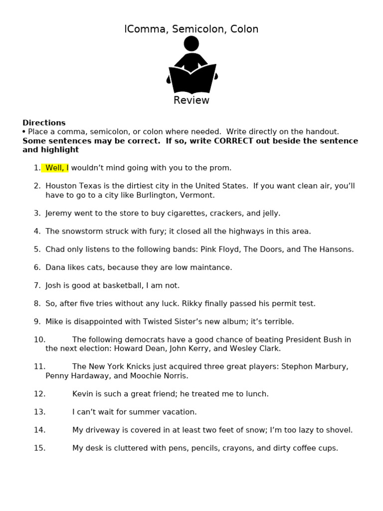 Punctuation Review: Commas, Semicolons, Colons | PDF