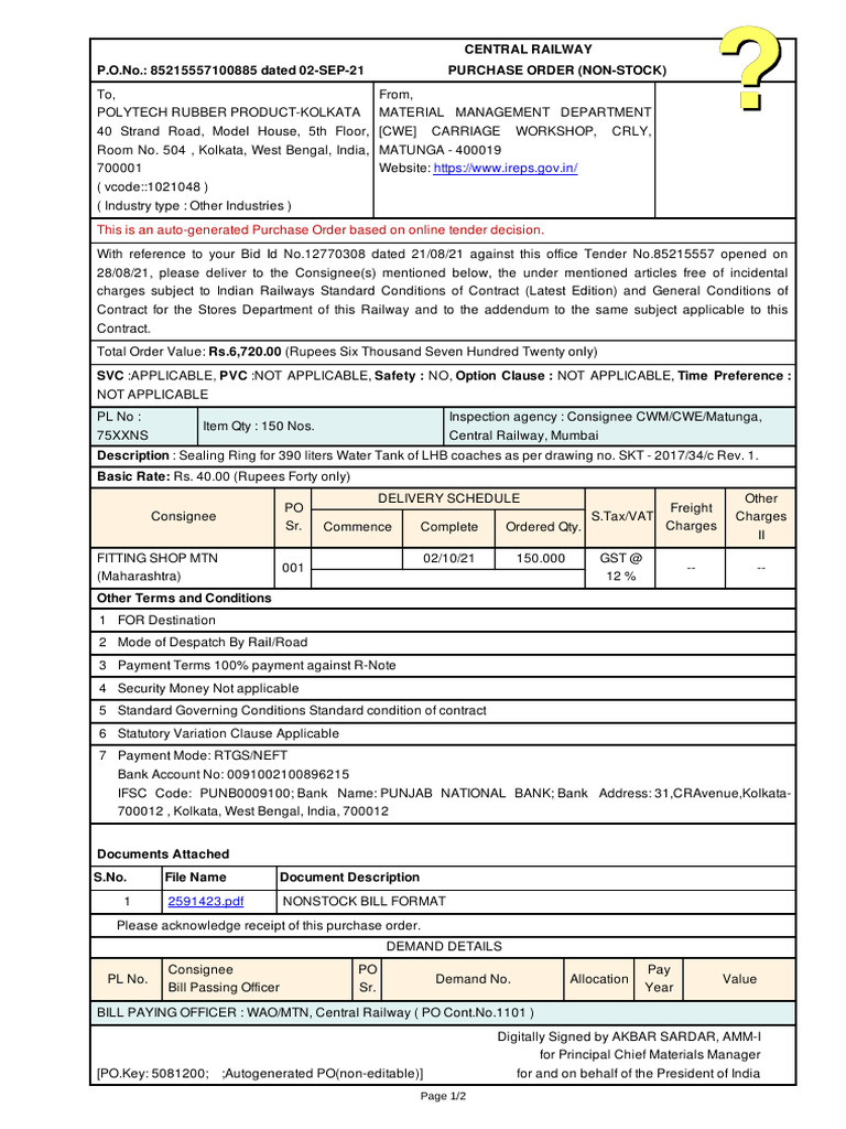 PO - 85215557100885 - Sealing Ring | PDF