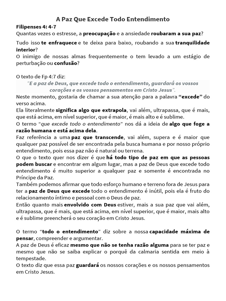 O Que É A Paz Que Excede Todo Entendimento | PDF | Oração | Deus