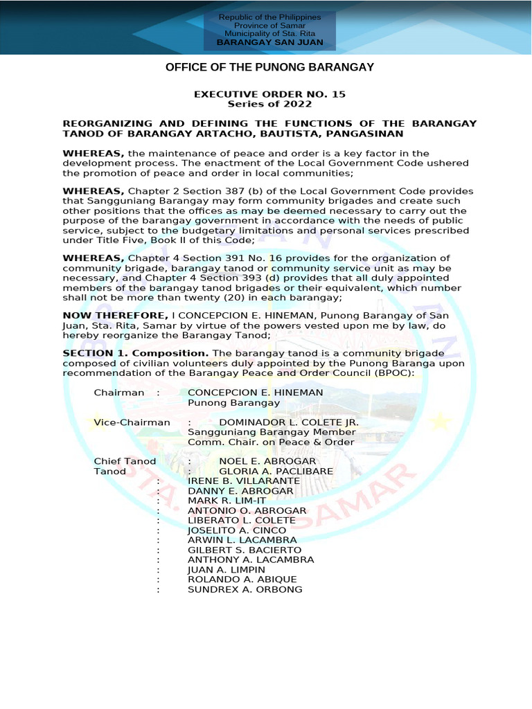 Barangay Tanod Reorganization Order | PDF | Fire Safety | Police