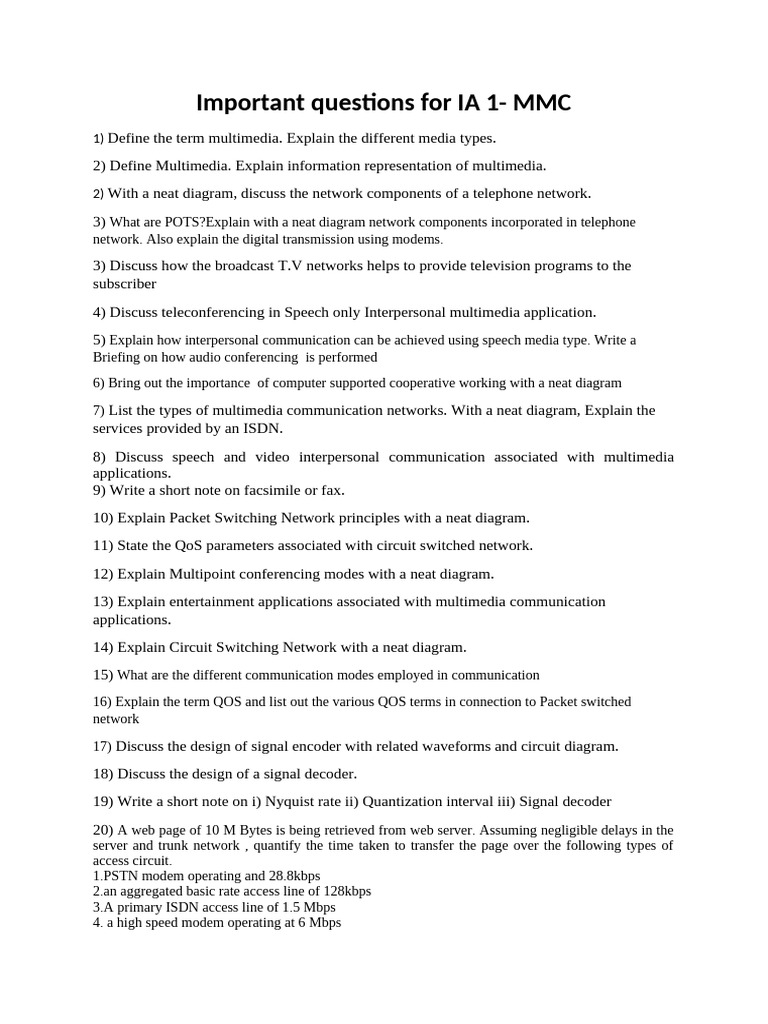 Important Questions For IA 1 - MMC | PDF | Computer Network | Public ...